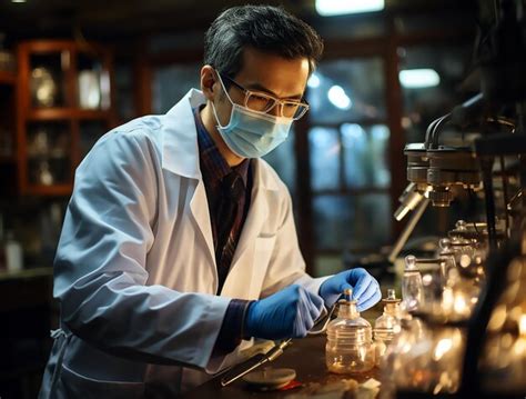 Premium Ai Image A Man In A Lab Coat Is Wearing A Blue Glove