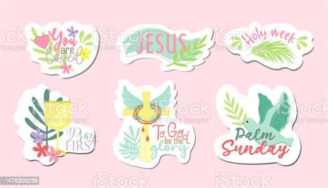 종교 스티커 세트 기독교 종려 주일 기독교 스티커 벡터 삽화입니다 경외감에 대한 스톡 벡터 아트 및 기타 이미지 경외감 긍정적인 감정 표현 기도하기 Istock