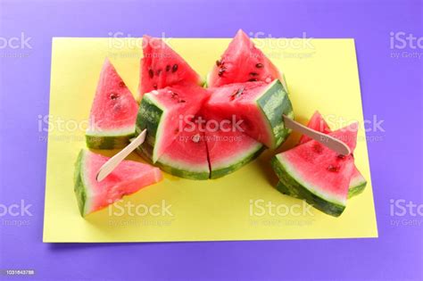 수 박 팝 아트입니다 노란색 보라색 바탕에 수 박의 많은 조각 자연 디저트입니다 음식과 채식주의 대 한 크리에이 티브