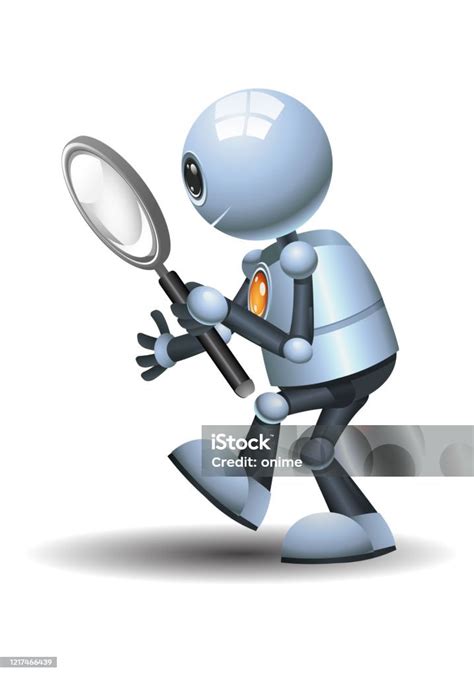 연구와 관찰을 하고 있는 돋보기를 들고 있는 작은 로봇의 3d 일러스트가 의사소통을 시도합니다 3차원 형태에 대한 스톡 벡터 아트 및 기타 이미지 Istock