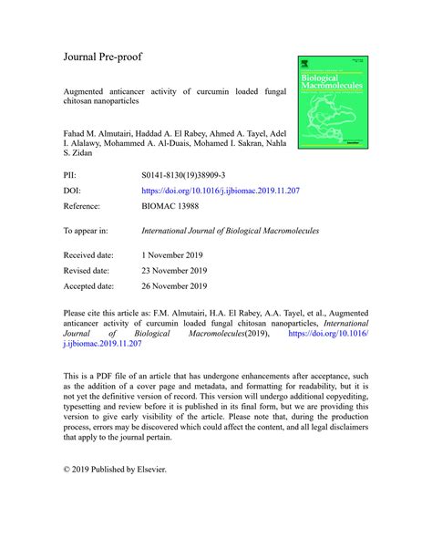 Solution 11282019 Augmented Anticancer Activity Of Curcumin Loaded Fungal Chitosan