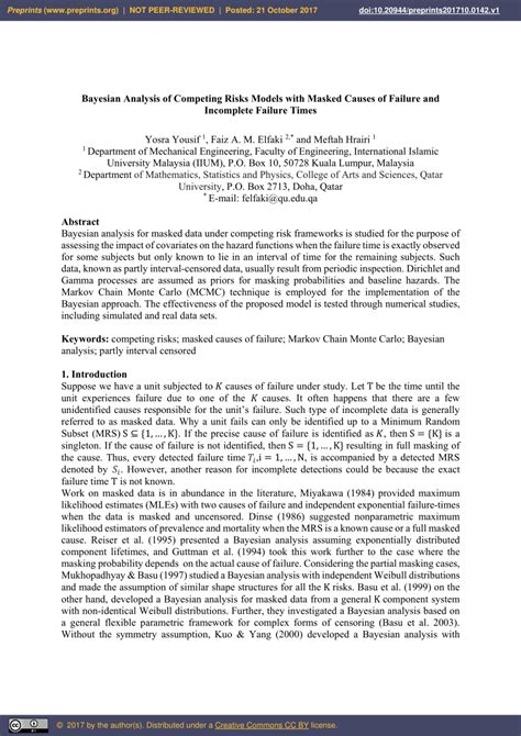 PDF Bayesian Analysis Of Competing Risks Models With Masked Causes Of Failure And Incomplete