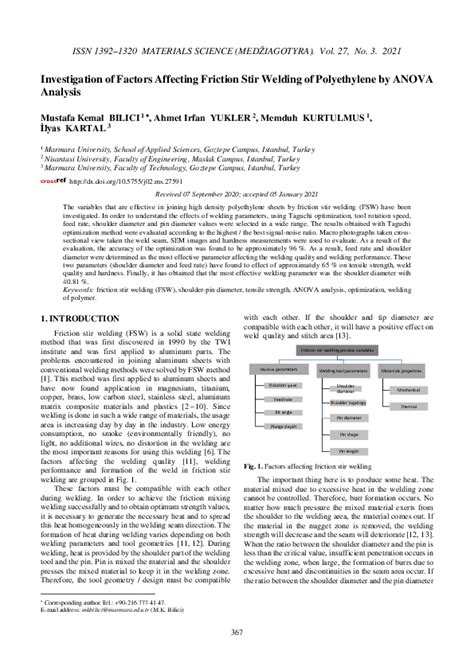 Pdf Investigation Of Factors Affecting Friction Stir Welding Of Polyethylene By Anova Analysis