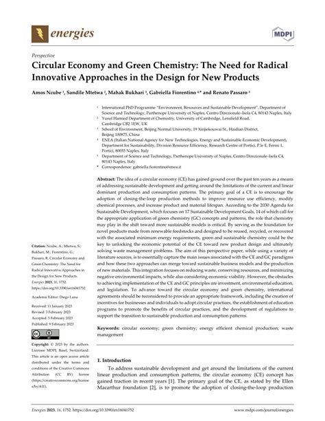 Pdf Circular Economy And Green Chemistry The Need For Radical