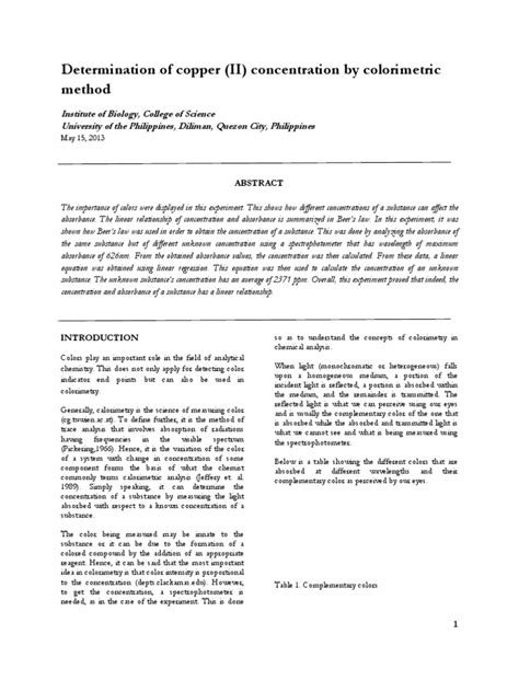 Determination Of Copper Ii Concentration By Colorimetric Method Absorbance Absorption