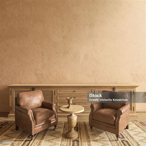 농가 내부 거실 모형 안락 의자 테이블과 마른 꽃램프 빈 베이지 색 배경에 3d 렌더링 그림 보헤미안 스타일 3차원 형태에 대한 스톡 사진 및 기타 이미지 Istock