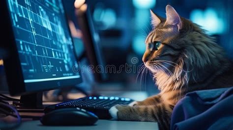 a programmer cat sitting at a computer with a mouse in his paws stock
