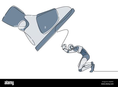 Single One Line Drawing Robot Kneel Down Under Giant Feet Concept For