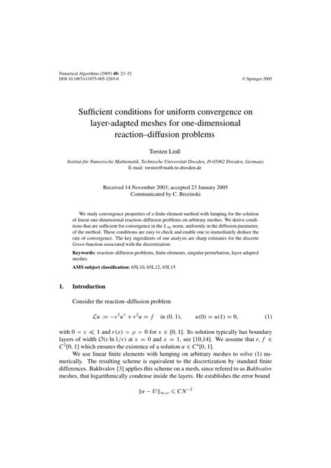 Pdf Sufficient Conditions For Uniform Convergence On Layer Adapted Meshes For One Dimensional
