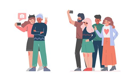 셀카 세트에 스마트 폰을 사용하는 사람들 함께 시간을 보내고 셀카 만화 벡터 일러스트를 찍는 친구 Brand Name Smart Phone에 대한 스톡 벡터 아트 및 기타