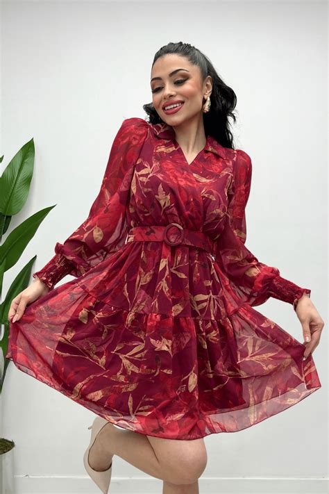 Şifon Kumaş Beli Lastikli Mini Elbise KIRMIZI