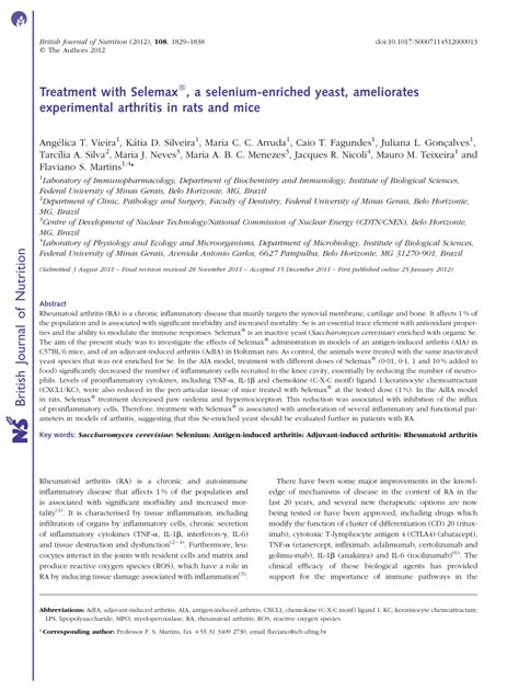 Pdf Treatment With Selemax® A Selenium Enriched Yeast Ameliorates Experimental Arthritis In