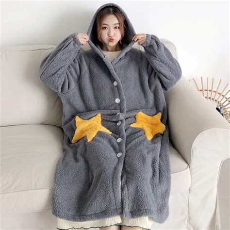 Autumn Winter Women Long Sleeve Nightgown Hooded Flannel Nightgowns