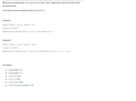 Solved 1 Given Two Sorted Arrays Nums 1 And Nums 2 Of Size Chegg