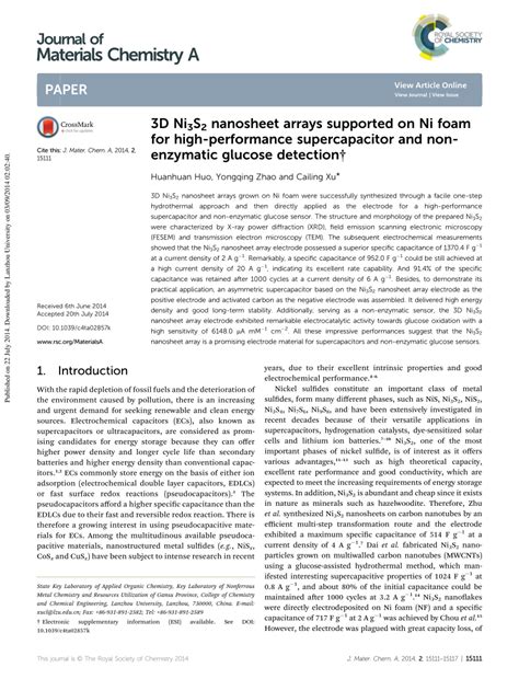 Pdf 3d Ni3s2 Nanosheet Arrays Supported On Ni Foam For High