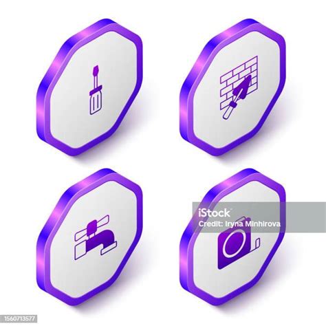 아이소메트릭 스크루드라이버 흙손이 있는 벽돌 벽 수도꼭지 및 룰렛 구성 아이콘을 설정합니다 보라색 육각형 버튼 벡터 3차원 형태에 대한 스톡 벡터 아트 및 기타 이미지