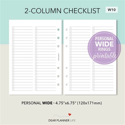 2 Column Checklist Personal Wide Printable Pdf W10 Dearplannerlife