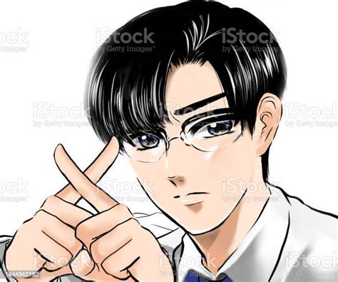 Shoujo 만화 스타일의 컬러 그림으로 안경을 쓴 잘 생긴 검은 머리 의사가 손가락으로 Cross 기호를 만들고 경고하고 흰색