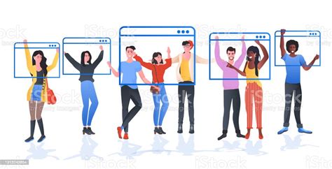 화상 통화 가상 컨퍼런스 온라인 통신 중에 채팅 웹 브라우저 창에서 인종 친구를 혼합 가공의 인물에 대한 스톡 벡터 아트 및