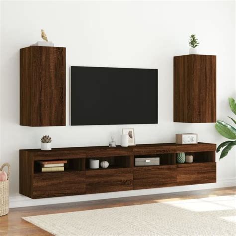 Drfeify Meubles TV muraux lumières LED pcs chêne marron x x cm Cdiscount Maison