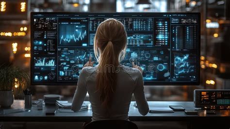 Woman Interacts With A Large Screen Displaying Multiple Data Visualizations Stock Illustration