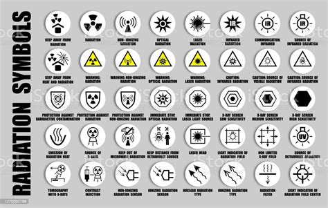 흰색에 격리 된 검은 방사성 기호의 전체 벡터 세트 경고 정보가 있는 방사선 위험 및 주의 Iso 아이콘 보호에 대한 스톡 벡터 아트 및 기타 이미지 Istock