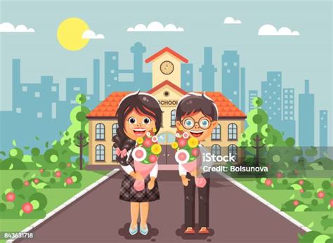 벡터 일러스트 레이 션 캐릭터 어린이 여 학생 및 남학생 급우 학생 학생 지식 하루 시작 건물 앞 꽃 학교 평면 스타일을 다시 공부 하는 부케와 함께 서 서 6 7 살에