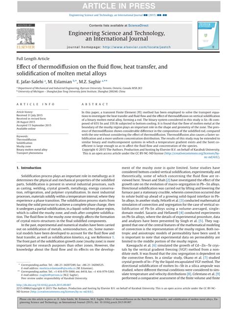 Pdf Effect Of Thermodiffusion On The Fluid Flow Heat Transfer And Solidification Of Molten