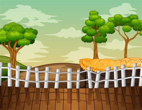 열린 농장 헛간 그림에서 건초 더미가 있는 배경 장면 프리미엄 벡터