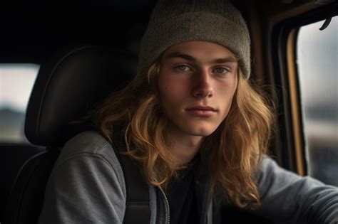 Premium Photo Young Man With Long Hair Wearing Hat In A Car Portrait