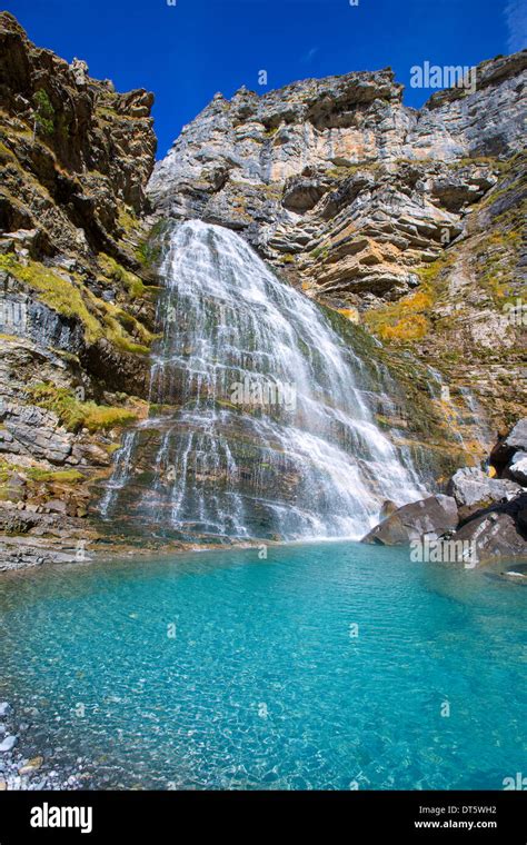 Cascada Cola De Caballo Waterfall Under Monte Perdido At Ordesa Valley
