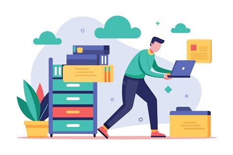 Premium Vector Man Working On Laptop With Stack Of Files Concept Of A Man Backing Up Or
