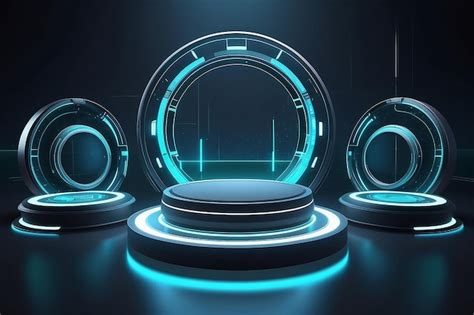 Premium Photo Futuristic Circle 3D Lab Stage With HUD Elements For UI