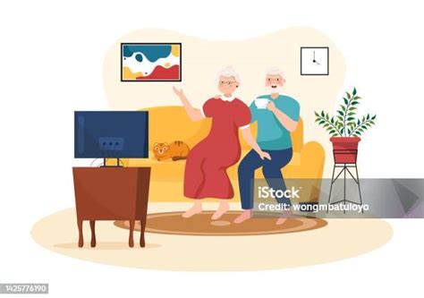 Tv 채널 템플릿 손으로 그린 만화 플랫 일러스트 레이 션 홈 엔터테인먼트 텔레비전에서 영화 액션 필름 또는 속보 뉴스 시청을