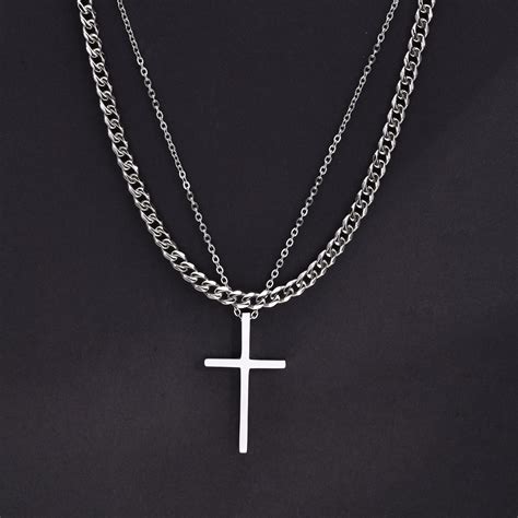 Kit Corrente Camadas Cruz Colares Para Homem Cuboid Cuboid Cubana Corda Caixa De Corrente