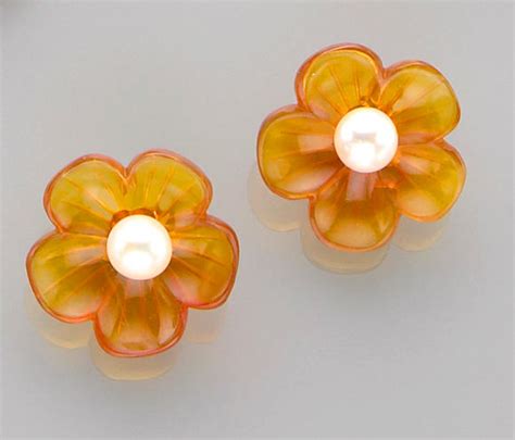 Bonhams Pair Of Carved Flower Form Orange Opal And Pearl Earrings