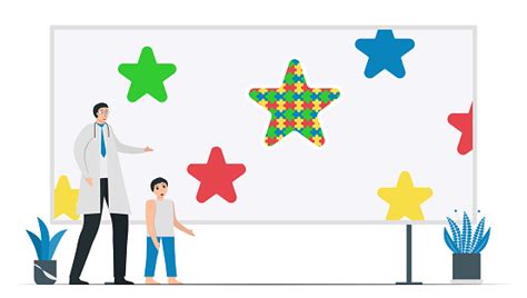 심리학자는 차이소년에게 긍정적인 생각을 보여줍니다 자폐증 사람들은 특별한 무언가를 가지고 있습니다 4월 2일 세계 오스트리즘 인식의 날을 위한 벡터 일러스트레이션 교육에