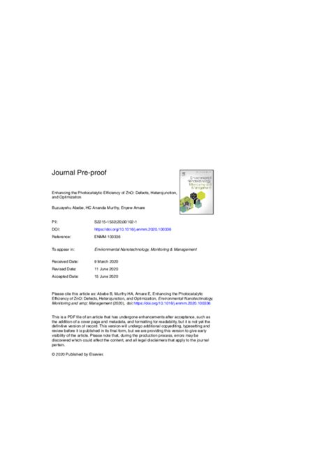 Pdf Enhancing The Photocatalytic Efficiency Of Zno Defects Heterojunction And Optimization