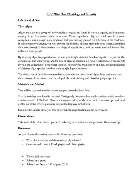 Bio 2210 Lab 1 Handout Pdf Experiment Algae