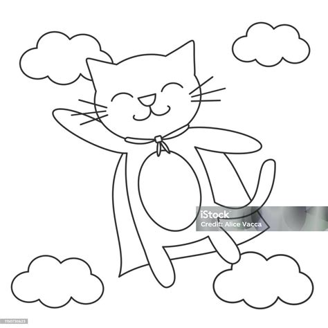 귀여운 만화 흑인과 백인 슈퍼 고양이 영웅 하늘에 비행 재미 있은 벡터 만화 그림 색칠 예술 슈퍼히어로에 대한 스톡 벡터 아트