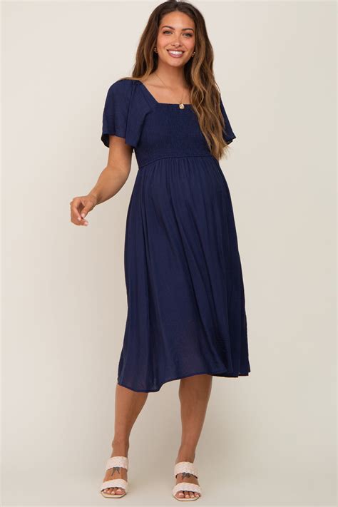 Navy Blue Smocked Square Neck Flutter Short Sleeve Maternity Midi Dres