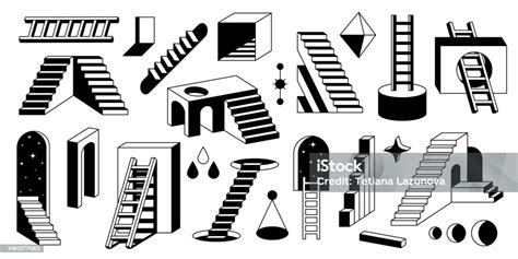 초현실적 인 사다리 현대 계단의 추상적인 기하학적 요소 기하학적 모양의 복고풍 검은색 단색 계단 벡터 절연 세트 계단에 대한 스톡 벡터 아트 및 기타 이미지 Istock