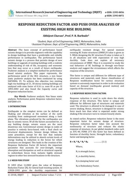 Irjet Response Reduction Factor And Push Over Analysis Of Existing High Rise Building Pdf