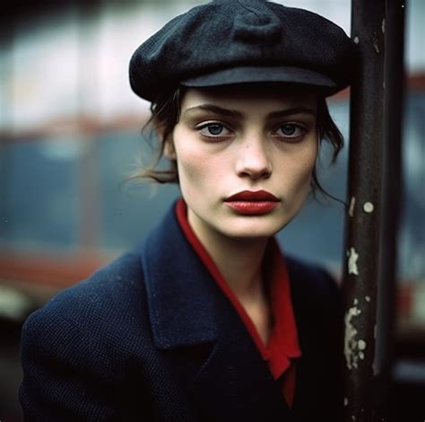 Premium Ai Image A Woman In A Black Hat Stands Next To A Pole