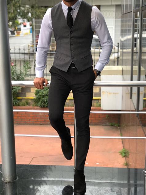 Chalecos De Hombres Chaleco Hombre Negocio Moda Chaleco Negro Delgado