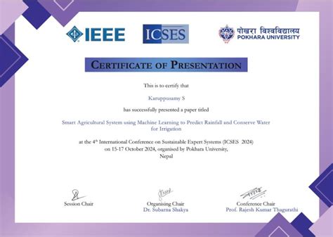 Karuppusamy S On Linkedin Sustainableagriculture Machinelearning Waterconservation Icses2024