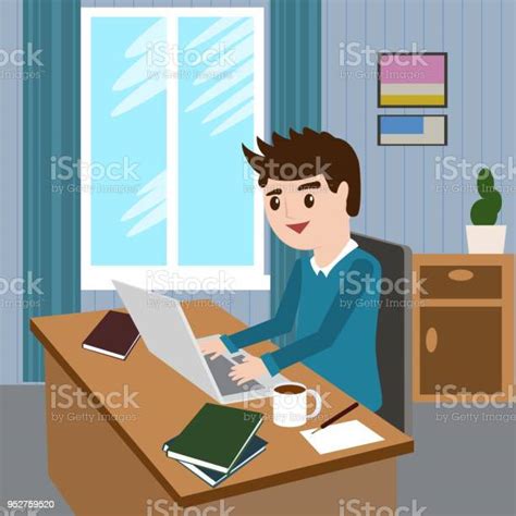 사무실에서 노트북에 노력 하 고 책상에 앉아 캐주얼 티셔츠에 잘생긴 남자의 평면 디자인 현대 벡터 일러스트 레이 션 라이프