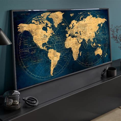 Navy Blue World Map Poster Elegant Gold And Blue Wall Art Print