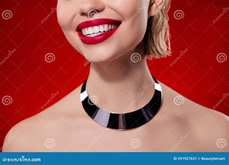 Photo Of Charming Shiny Woman Naked Shoulders Smiling Red Pomade White Teeth Isolated Red Maroon