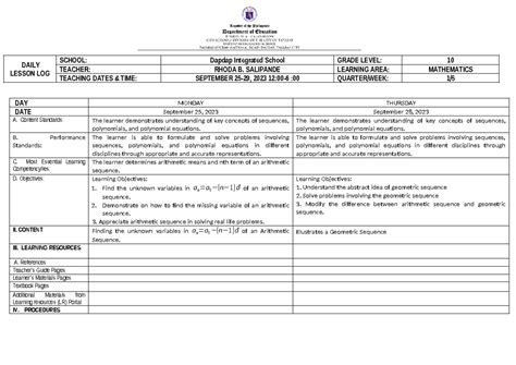 Daily Lesson LOG DAILY LESSON LOG Babe Dapdap Integrated Babe GRADE LEVEL TEACHER